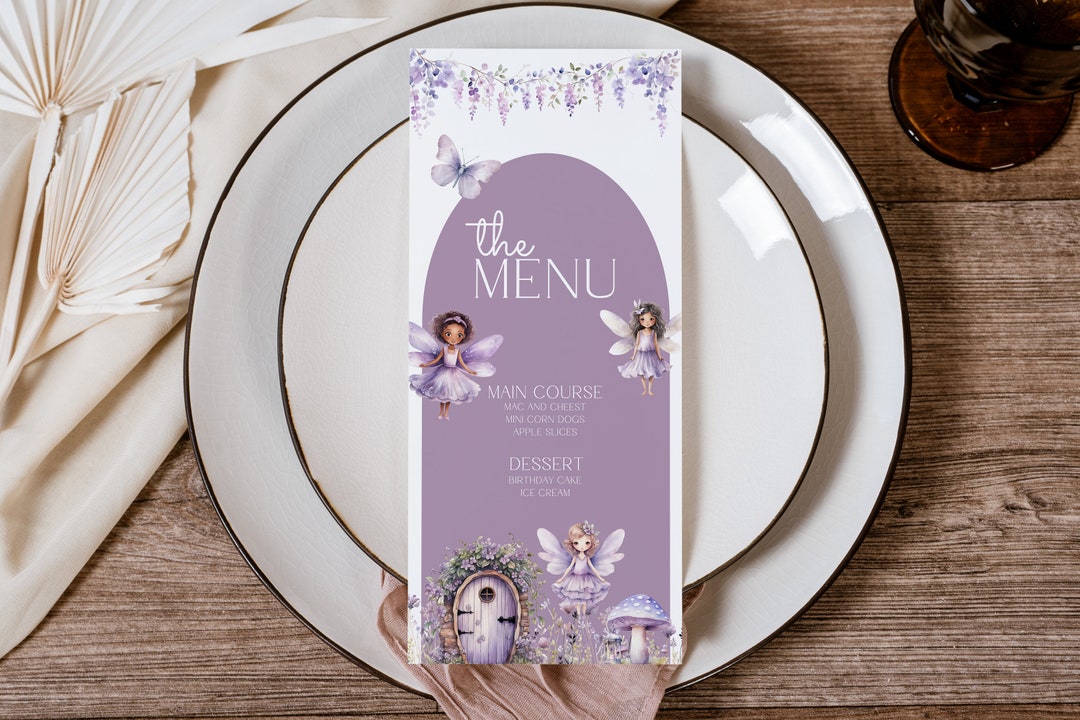 Fairy First Birthday Party Menu Template, Purple Fairy 1st Birthday ...