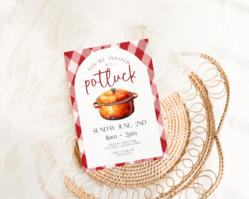 Editable Potluck Invitation Template, BBQ Party Invite, Red Gingham ...