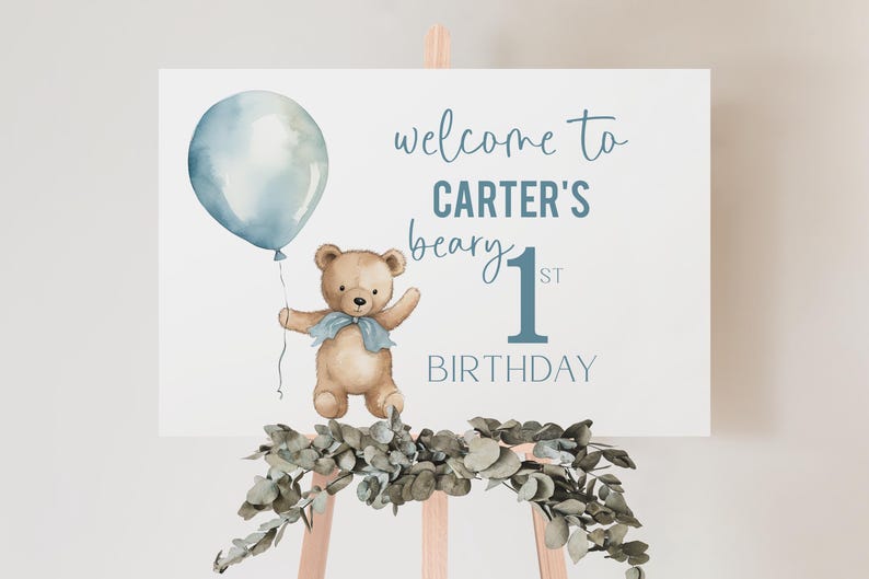 Beary First Birthday Welcome Poster, Boy 1st Birthday Bear Blue Balloon ...