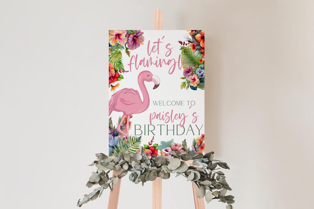 Pink Flamingo Birthday Welcome Sign, Editable Tropical Birthday Poster ...