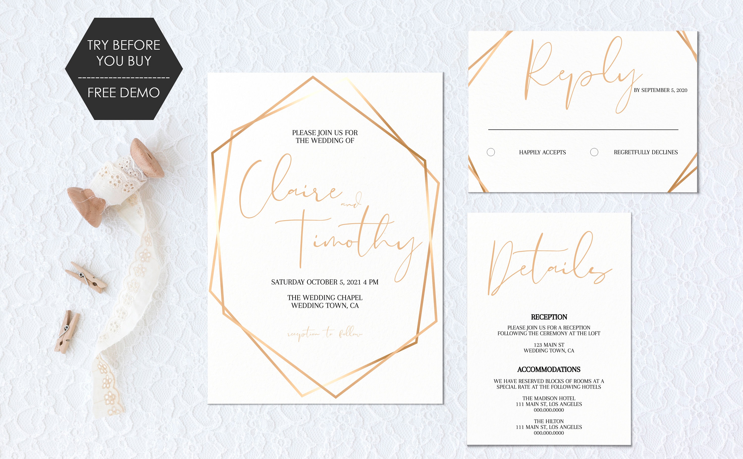 Simple Wedding Invite Printable, Gold Geometric Wedding Invitation ...