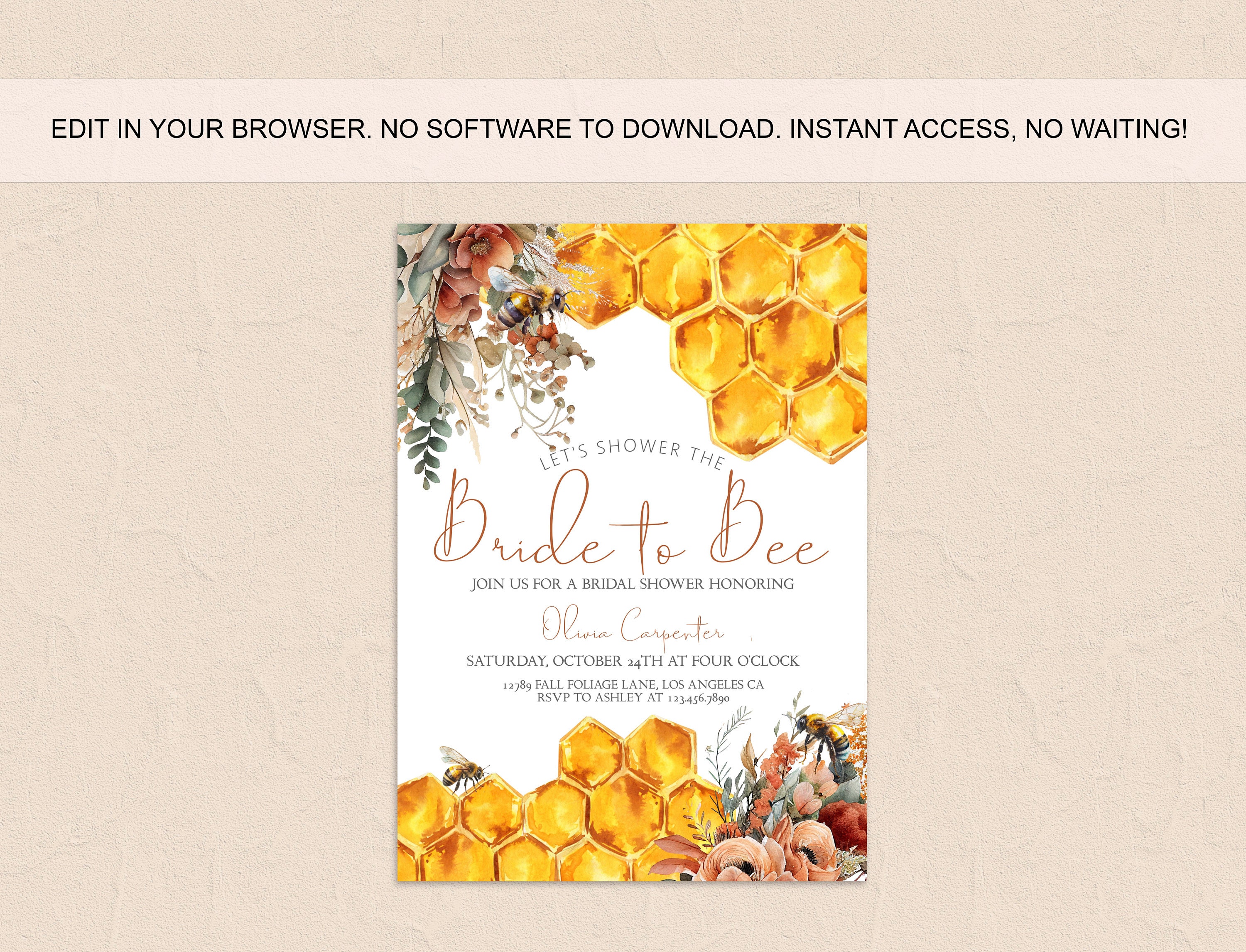 Bride to Bee Honey Bridal Shower Invitation Template, Fall Wedding ...