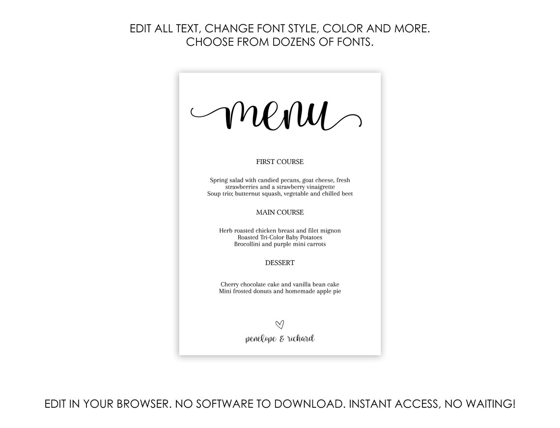 Wedding Menu Printable Wedding Menu Template Printable Menu - Etsy