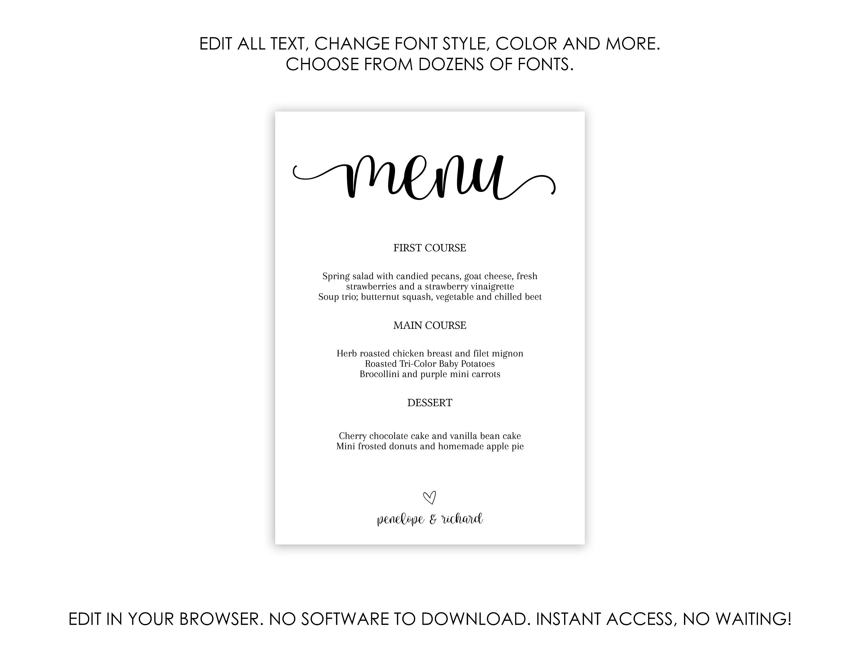 Wedding Menu Printable, Wedding Menu Template, Printable Menu Card ...