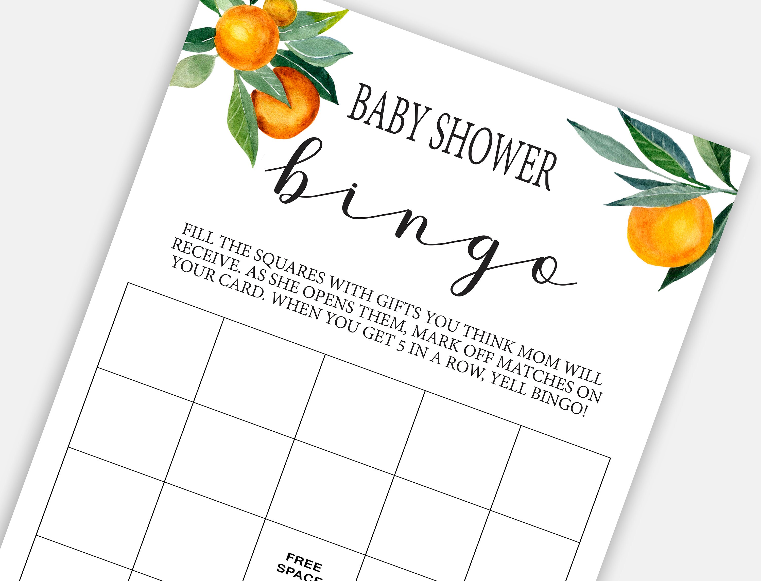 Baby Shower Bingo, Orange Theme Baby Shower, Bingo Baby Shower Game ...
