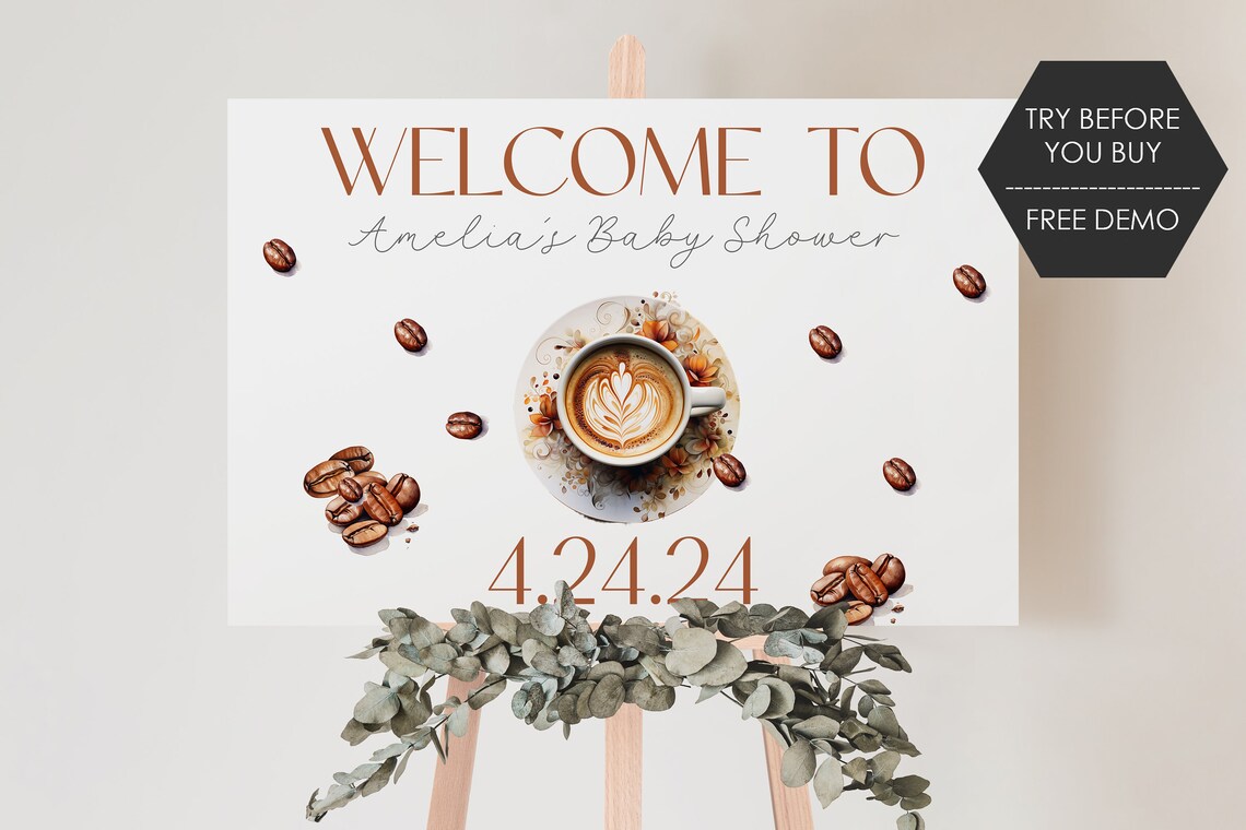 Editable Coffee Theme Party Welcome Sign, Baby Shower Poster, Baby is ...
