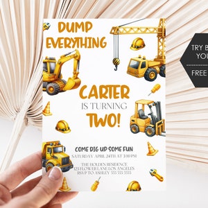 Construction Theme Party Invitation, Dump Truck Invite, Excavator ...