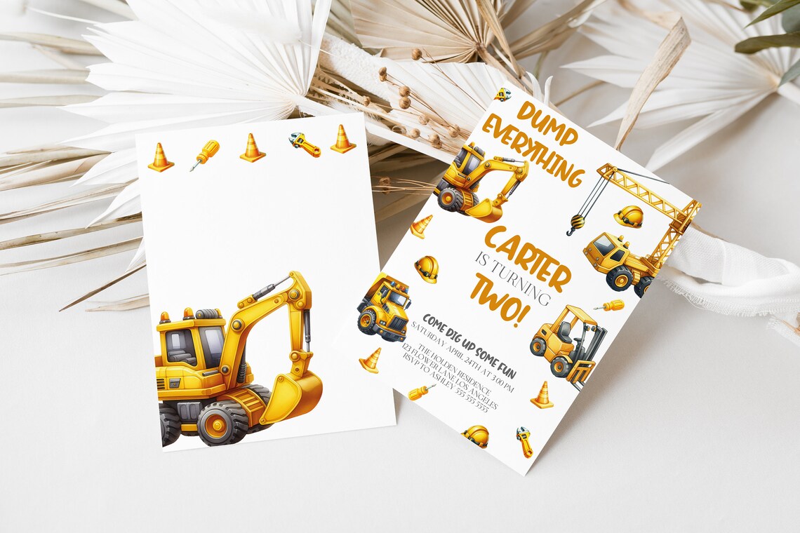 Construction Theme Party Invitation, Dump Truck Invite, Excavator ...