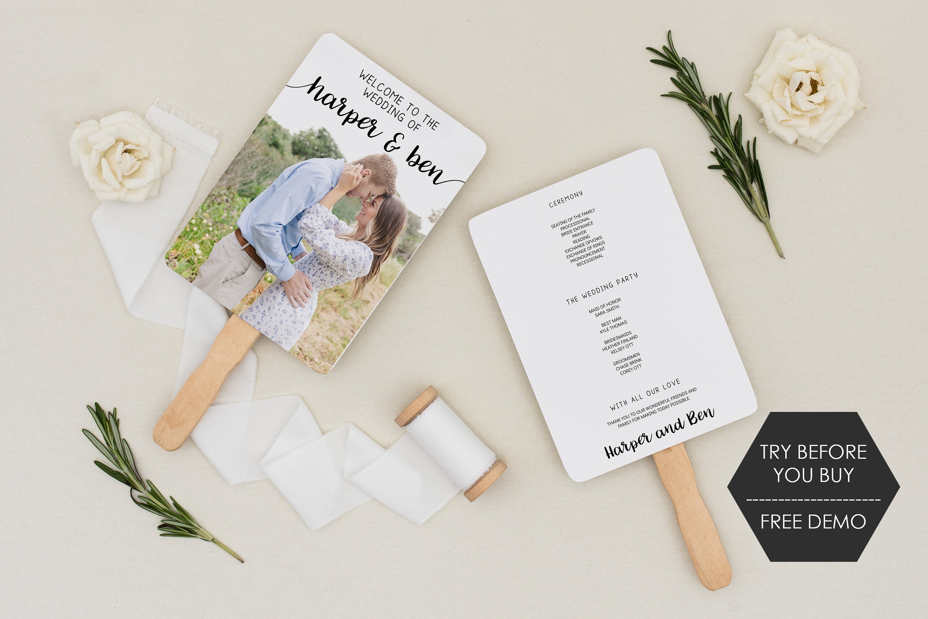 Photo Wedding Program Fan Template, Editable Fan for Wedding, Printable ...