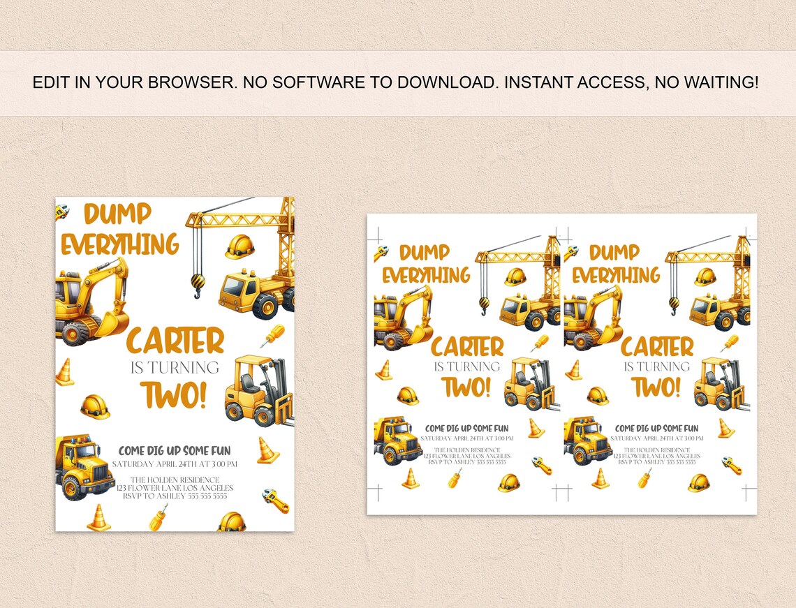 Construction Theme Party Invitation, Dump Truck Invite, Excavator ...