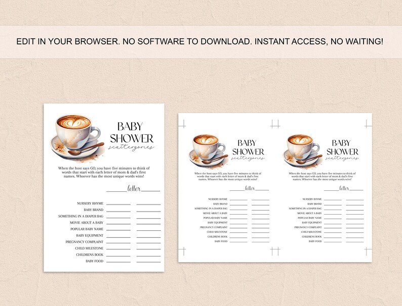 Coffee Baby Shower Game Scattergories, Word Scramble Baby Shower Game ...