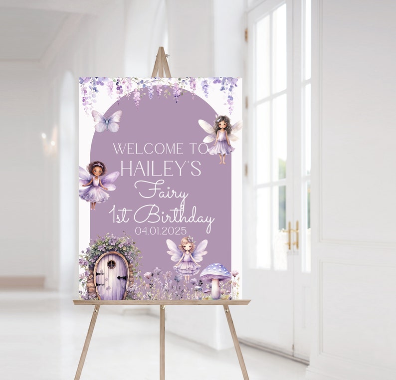 Purple Fairy First Birthday Welcome Sign, Editable Fairy 1st Birthday ...