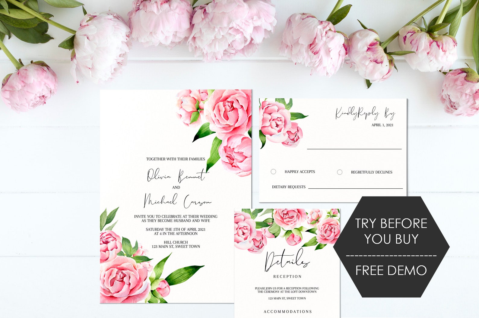 Peony Wedding Invitation Suite Template Recepion Invitation - Etsy