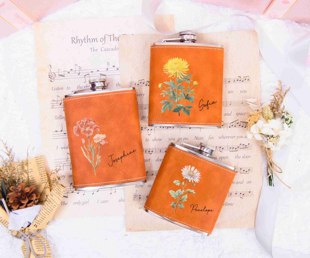 Personalized Birth Flower Flask, Bridesmaid Flask, Women Hip Flask ...