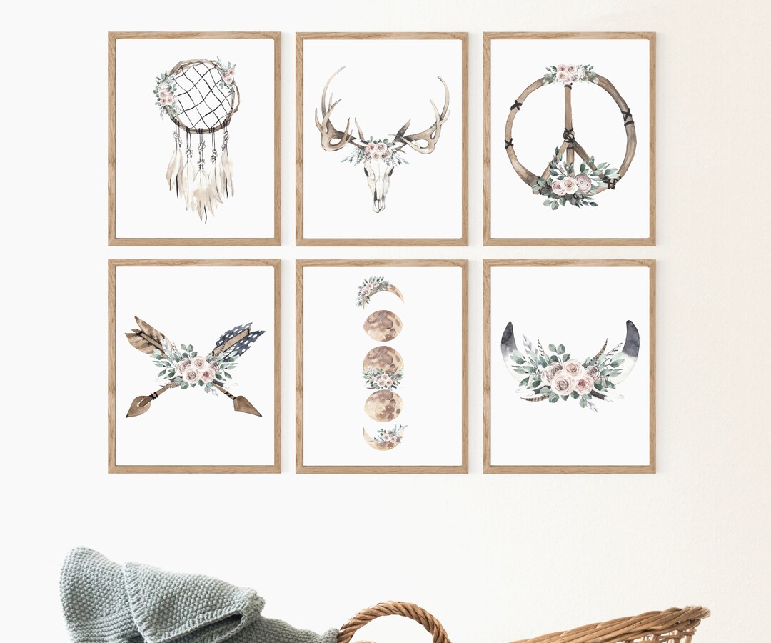 Tribal Boho Wall Art Prints: Floral Deer Skull, Moon Phase (digital ...