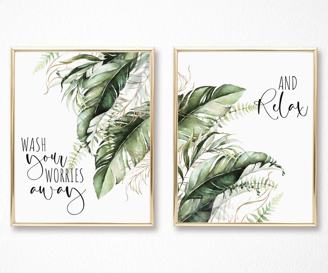 Set of 2 Greenery Bathroom Prints, Bathroom Decor, Tropical Bathroom ...