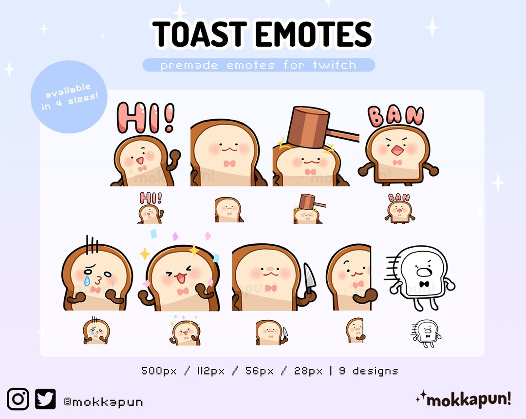 9 Premade Twitch Discord Emotes Pack / Cute Kawaii Toast Mascot Bread ...