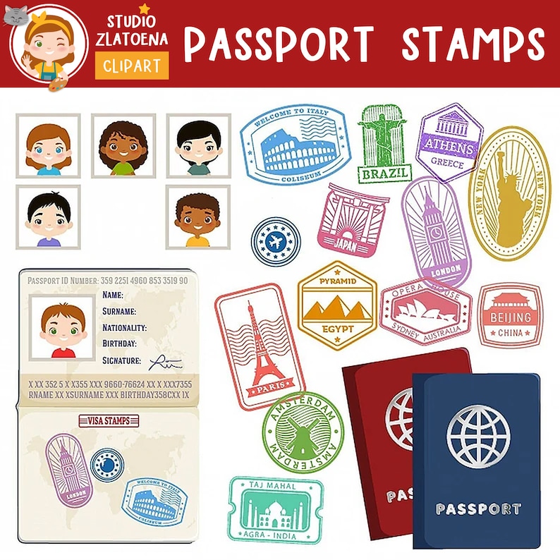 Landmark Travel Stamps Clipart: Passport, World Monuments (digital ...