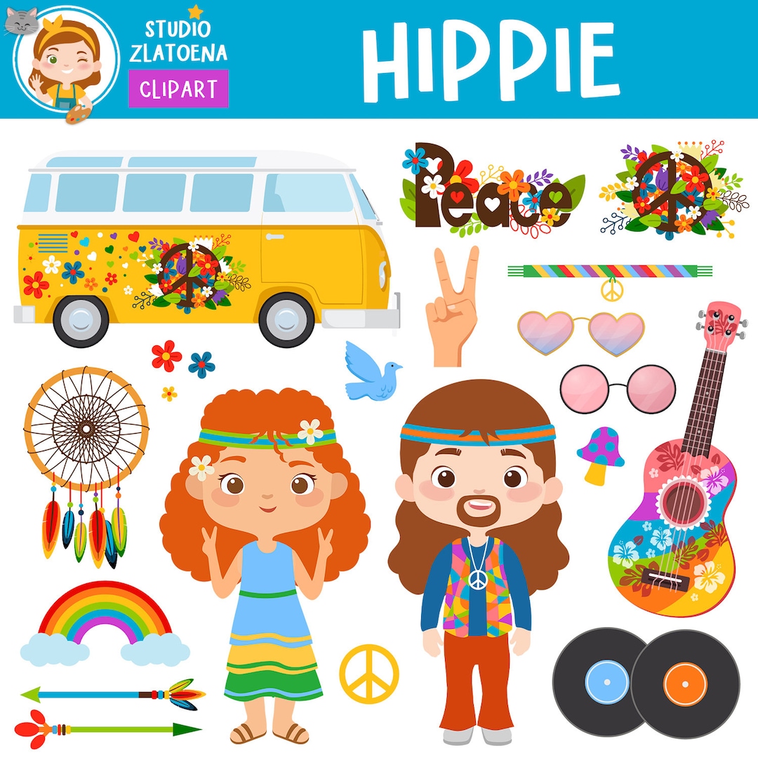 Hippies Clipart Flower Power Clipart Hippy Clipart Hippies Graphics 70's Clipart Retro Style ...