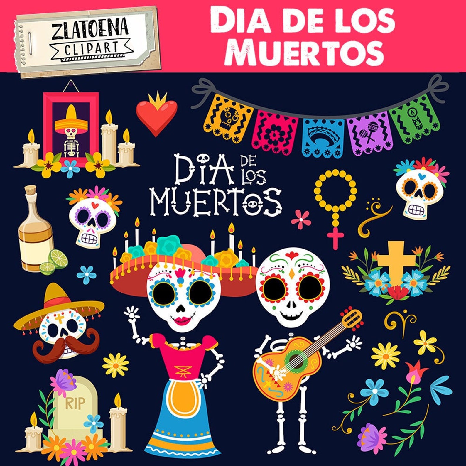 Day of the Dead Clip Art Dia De Los Muertos Graphics Fiesta Clipart ...