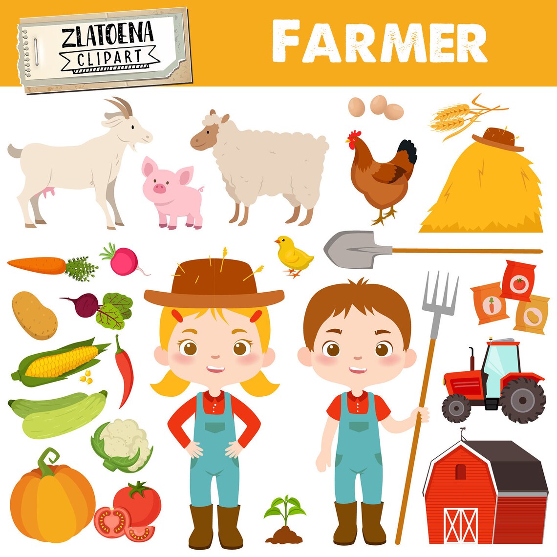 Farm Clipart Farmer Clipart Farm Graphics Farm Animals Clipart | Etsy