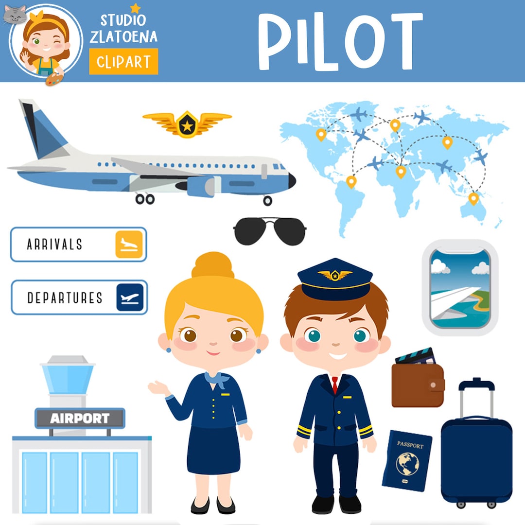 Pilot Clipart Airport Clip Art Airplane Digital Graphics Stewardess Clipart Graphics Aircraft ...