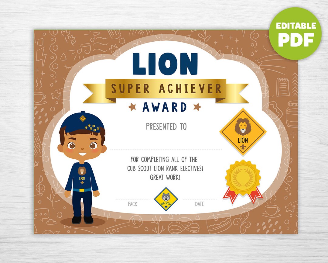 Lion Super Achiever Award Scout, Boy's Lion Achiever Award, Editable ...