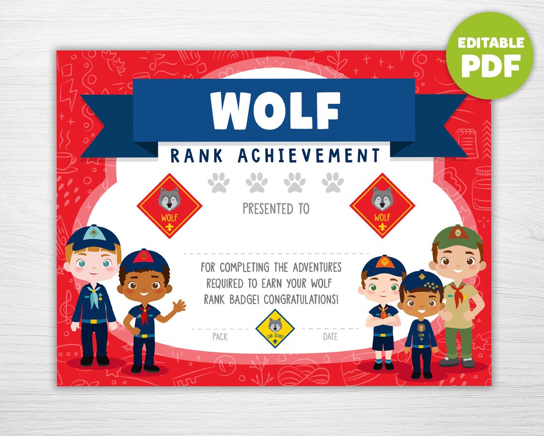Scout Rank Wolf Rank Achievement Award Boys Editable Scout Certificate ...