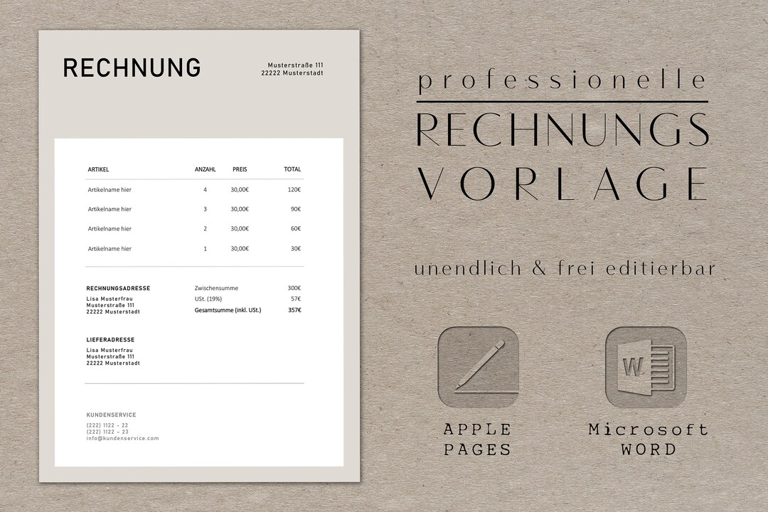 Invoice Template, Professional Invoice Template German for Word and ...