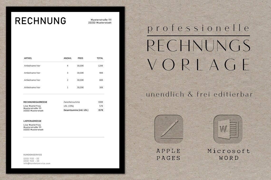 Invoice Template Professional Invoice Template German for - Etsy
