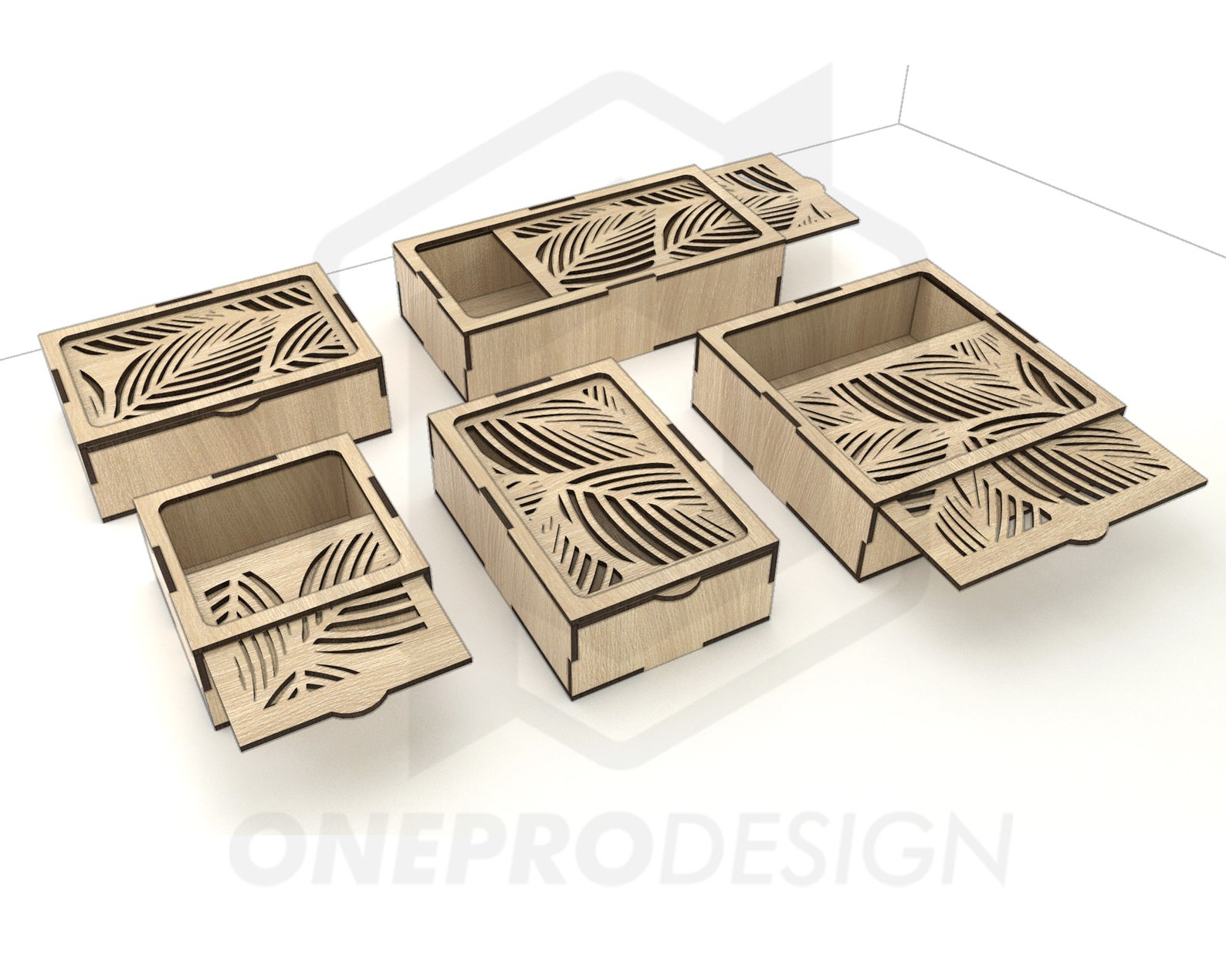 Boxes With Slide Leaf Pattern Lid, 5 Sizes, for 1/8" or 3.1mm Thk Wood ...