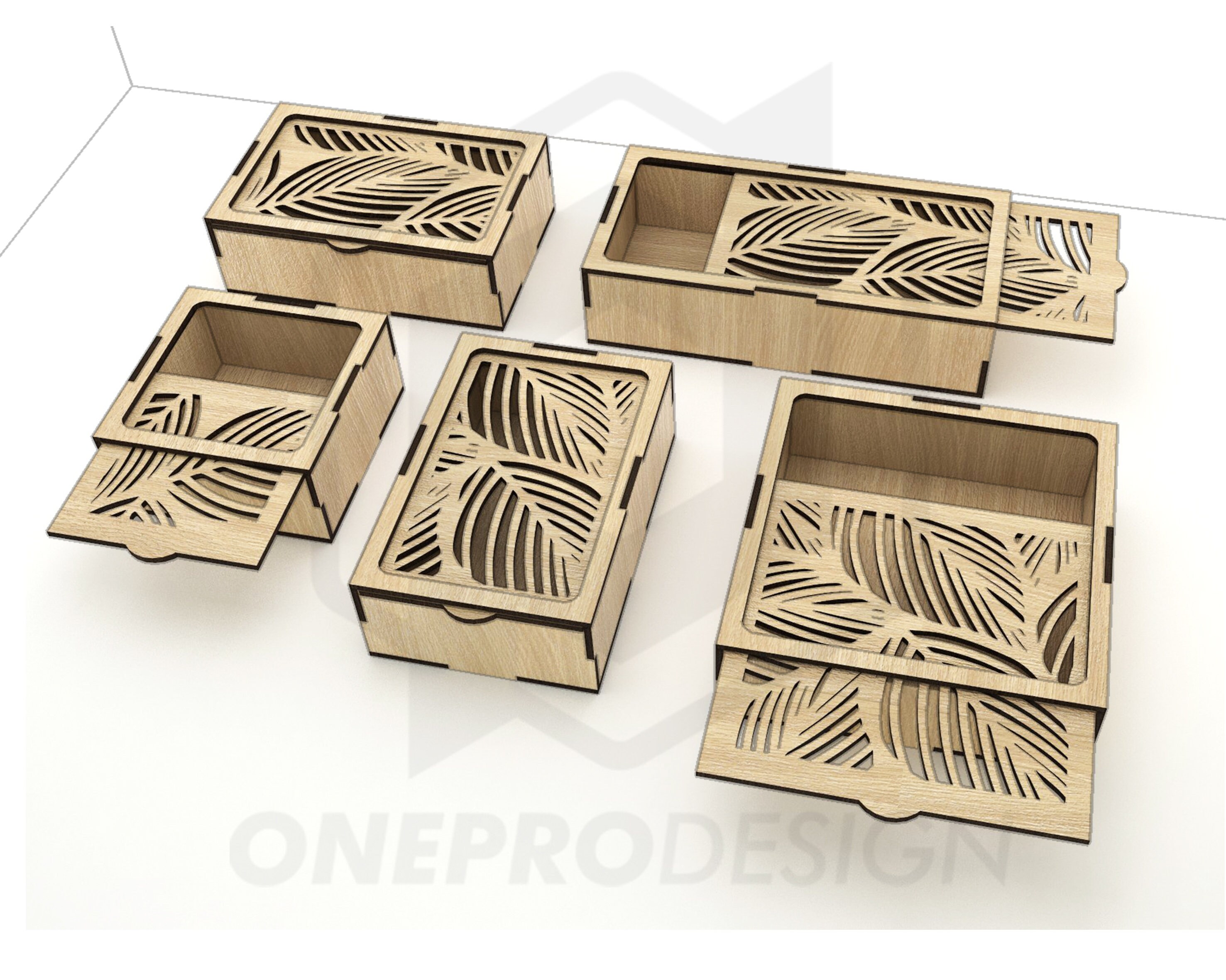 Boxes With Slide Leaf Pattern Lid, 5 Sizes, for 1/8" or 3.1mm Thk Wood ...