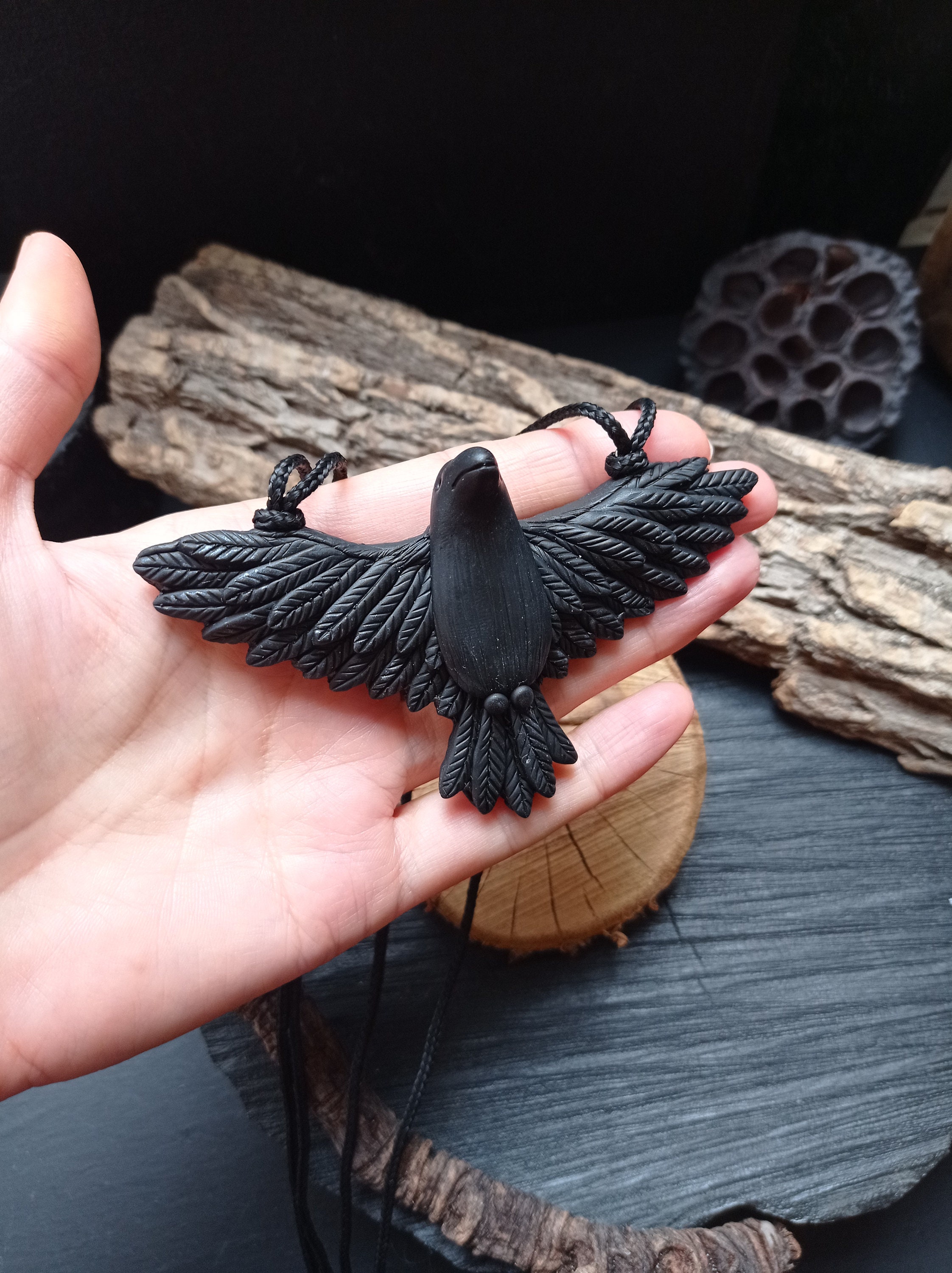 Iridescent Black Raven Pendant: Handmade Polymer Clay Crow Necklace - Etsy