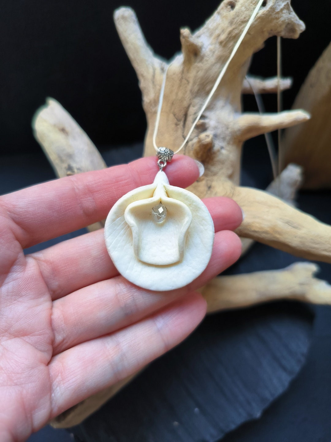 White Yoni Pendant on a Leather Cord, Women's Necklace, Feminism Symbol ...