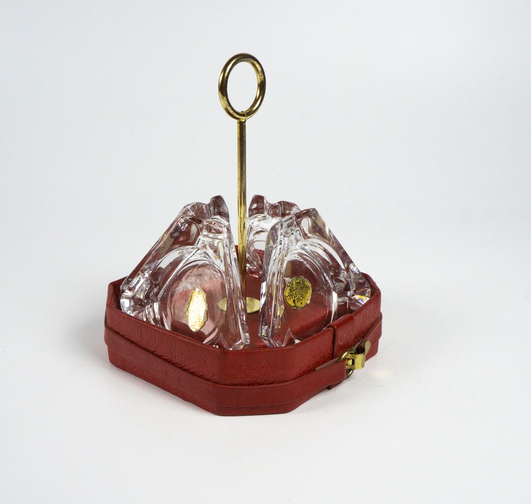Vintage Lead Crystal Ashtray Set in Red Leatherette Frame, 1950s, 4 ...