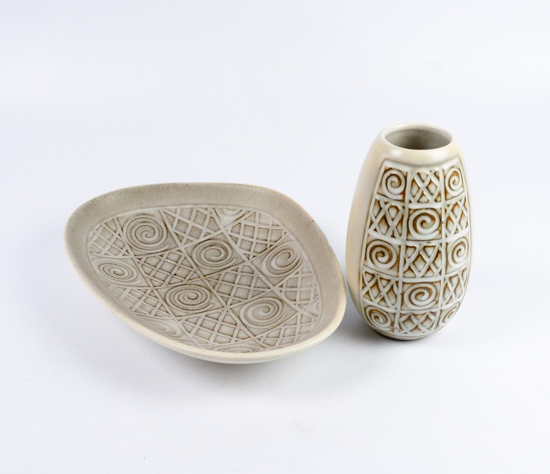 Vase and Bowl by Jasba, With a Geometric Relief Pattern, Vintage, Base ...