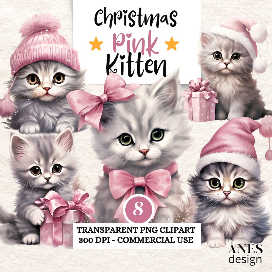 Cat Christmas Clipart, Pink Cute Christmas Kittens, Watercolor Cat ...