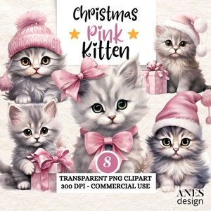 Cat Christmas Clipart, Pink Cute Christmas Kittens, Watercolor Cat ...