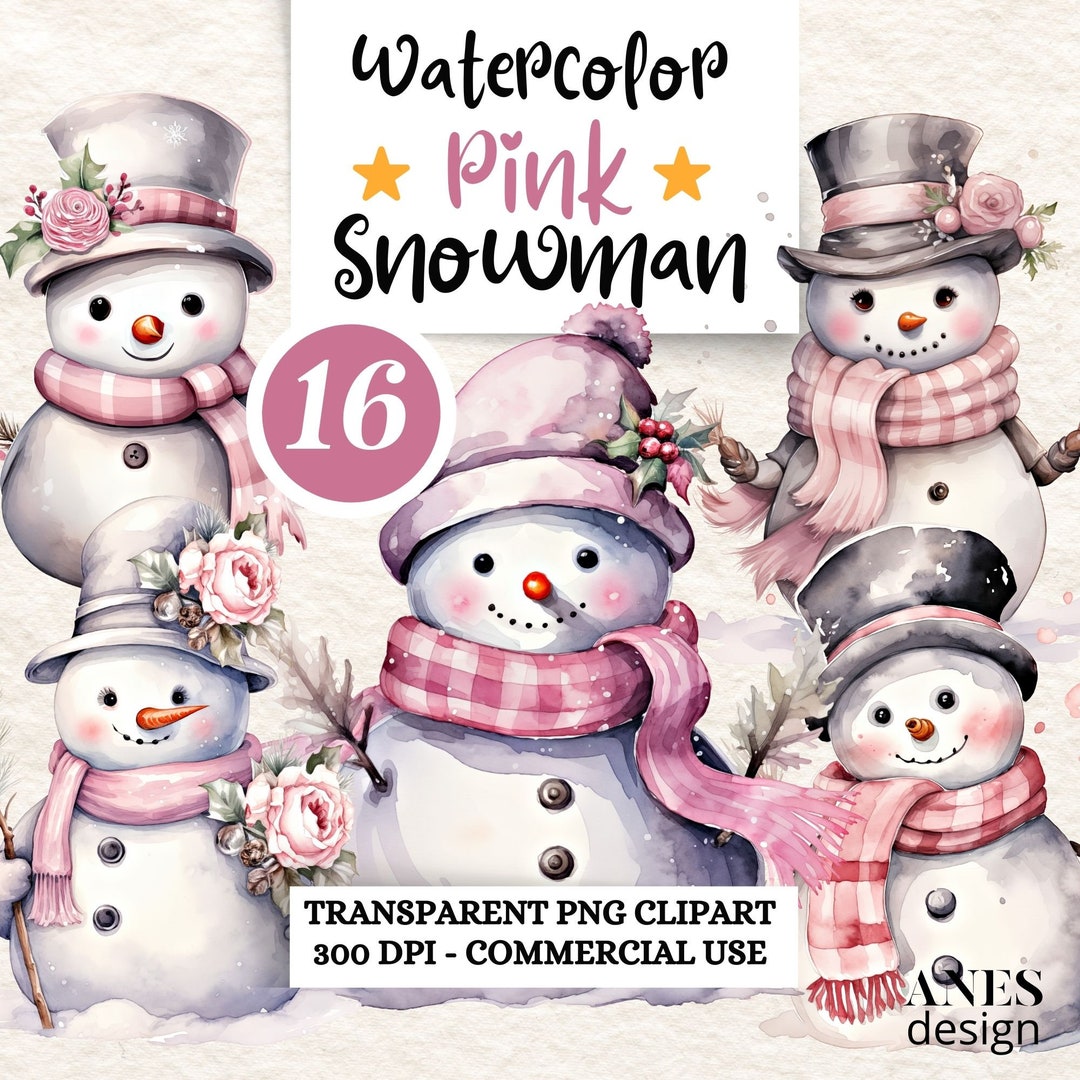 Pink Watercolor Snowman Clipart Bundle, Cute Snowman PNG, Christmas ...