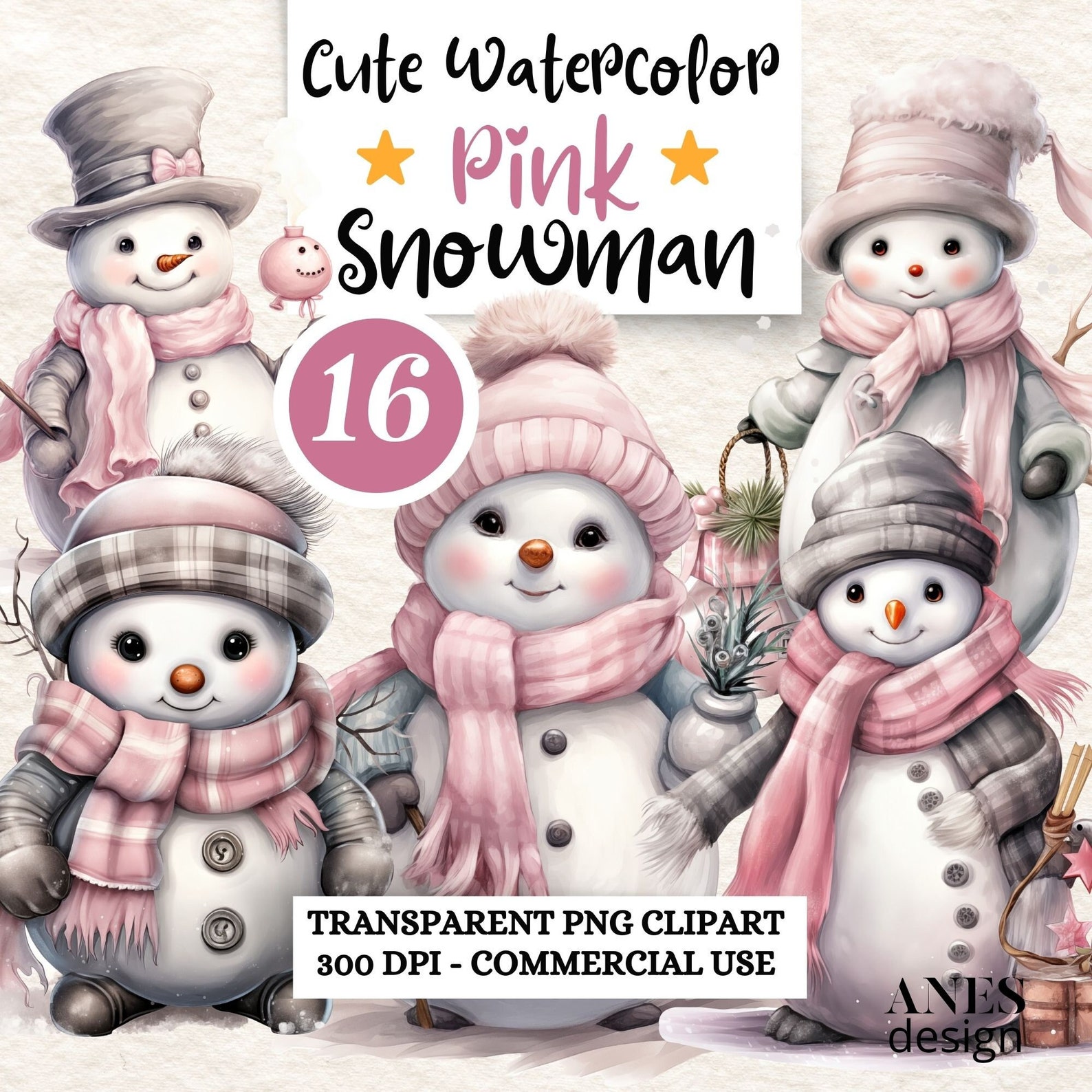 Pink Watercolor Snowman Clipart Bundle, Cute Snowman PNG, Christmas ...