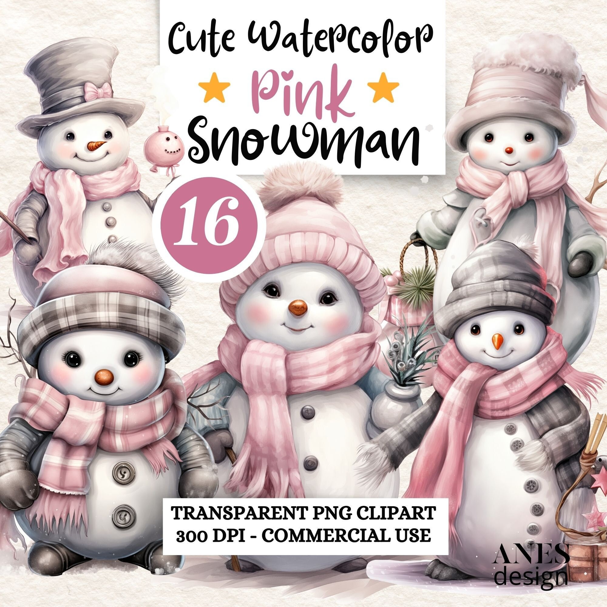 Pink Watercolor Snowman Clipart Bundle, Cute Snowman PNG, Christmas ...