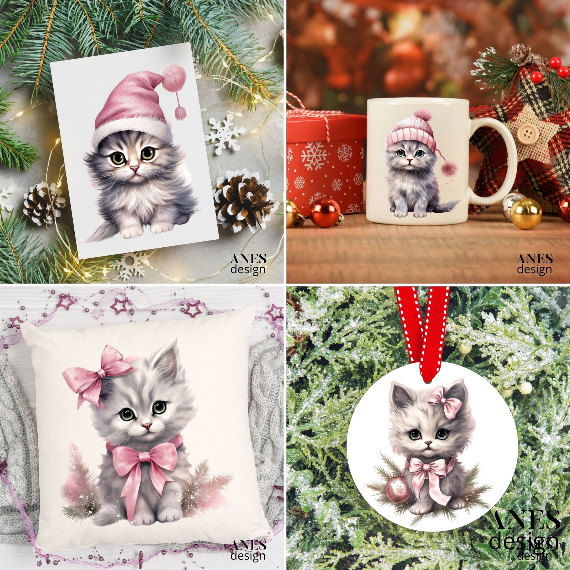 Cat Christmas Clipart, Pink Cute Christmas Kittens, Watercolor Cat ...