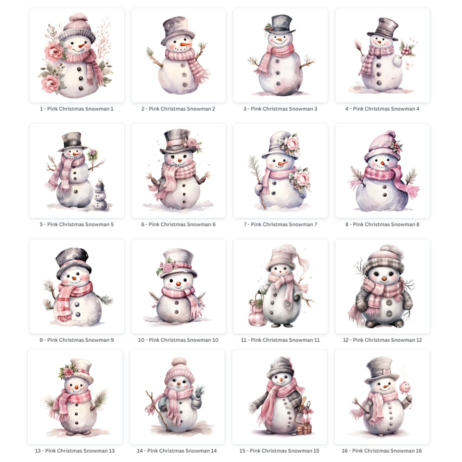 Pink Watercolor Snowman Clipart Bundle, Cute Snowman PNG, Christmas ...