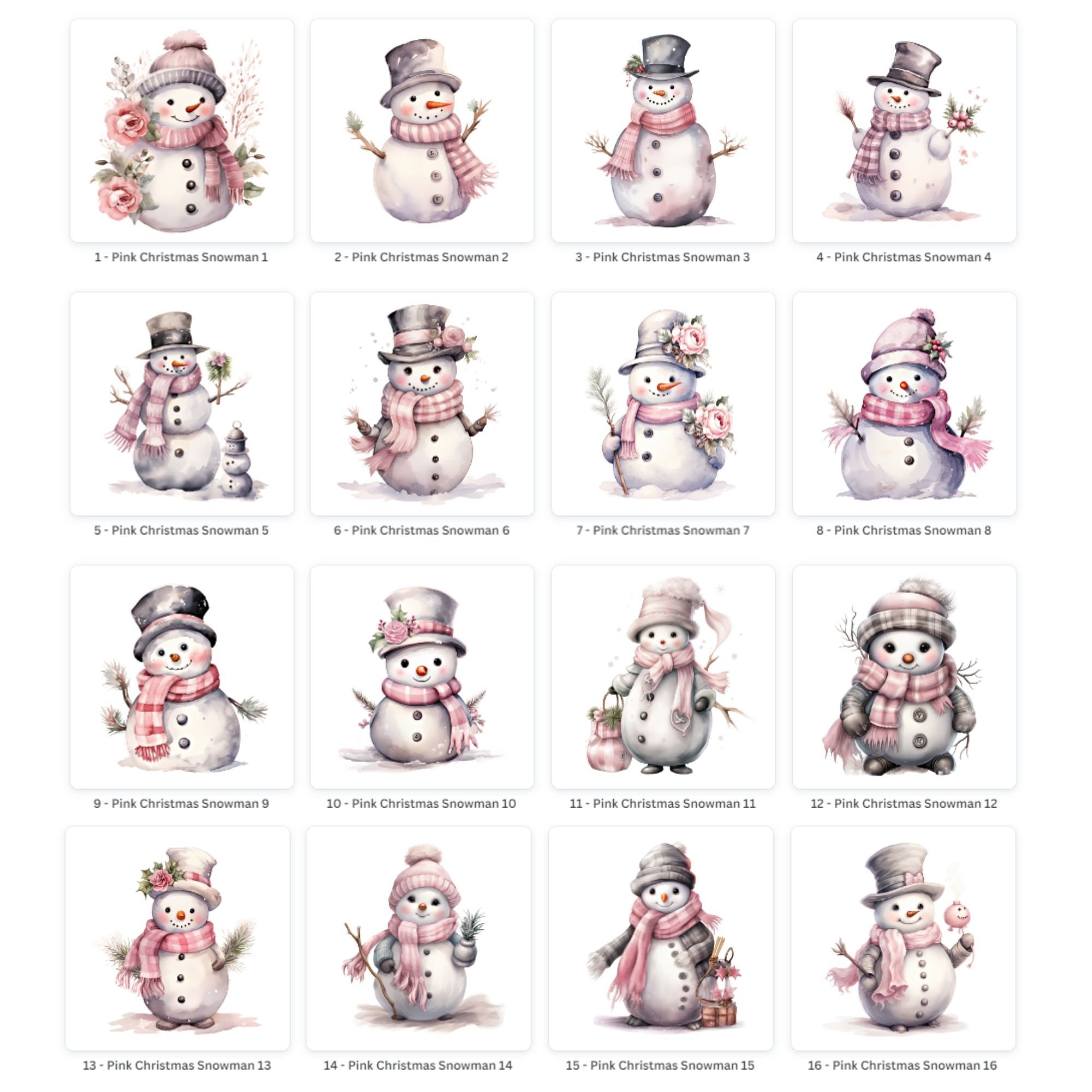 Pink Watercolor Snowman Clipart Bundle, Cute Snowman PNG, Christmas ...