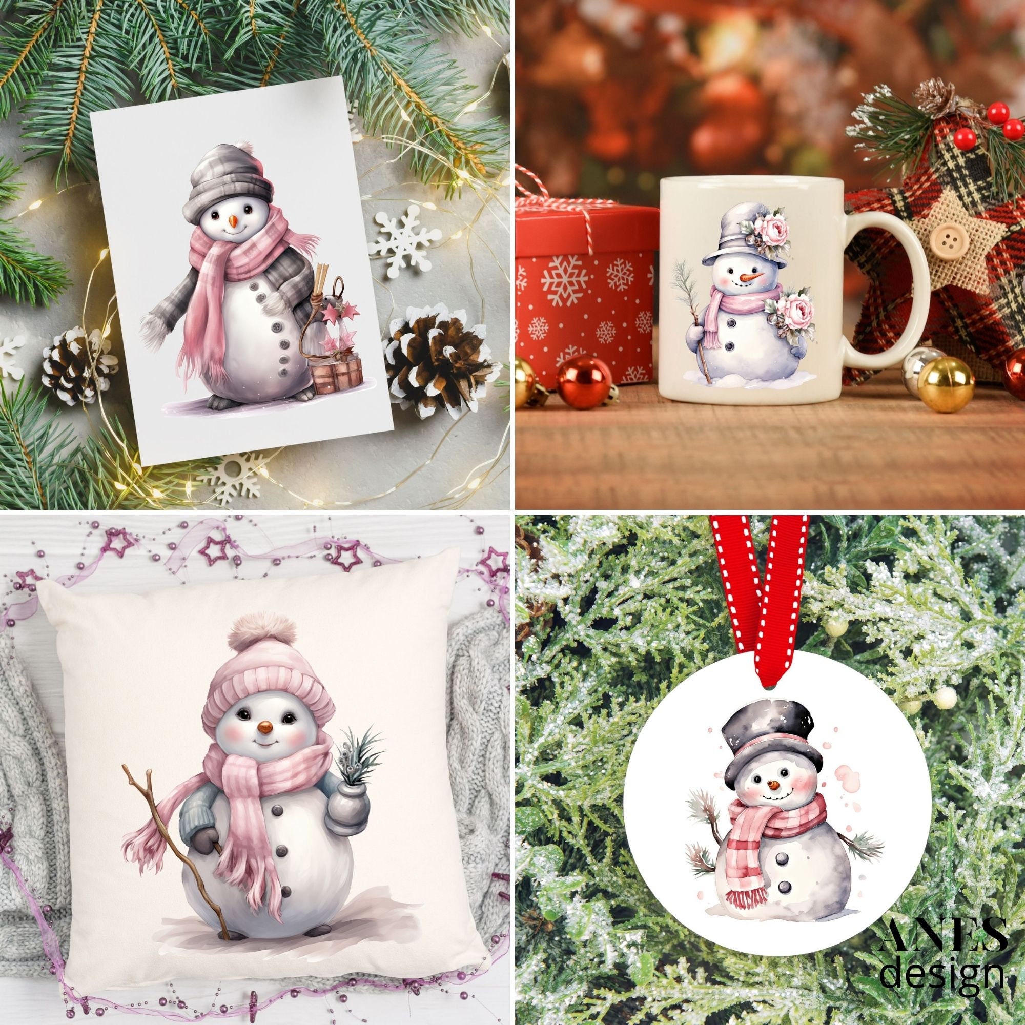 Pink Watercolor Snowman Clipart Bundle, Cute Snowman PNG, Christmas ...