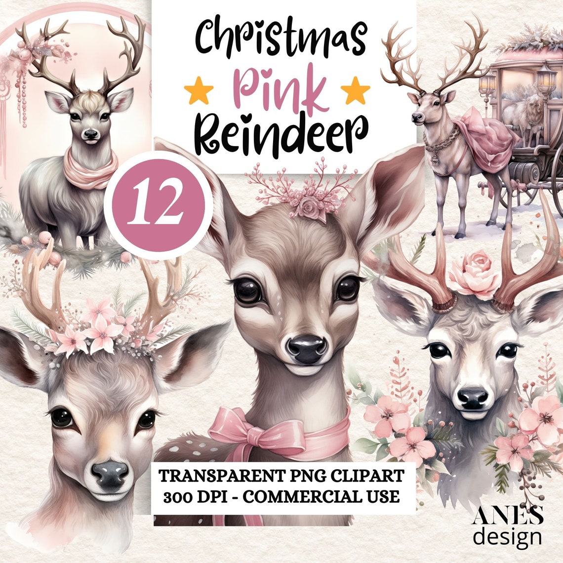 Cute Pink Christmas Reindeer Clipart PNG, Pink Watercolor Christmas ...