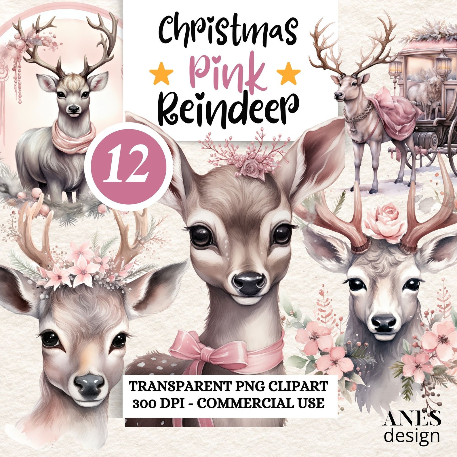 Cute Pink Christmas Reindeer Clipart PNG, Pink Watercolor Christmas ...