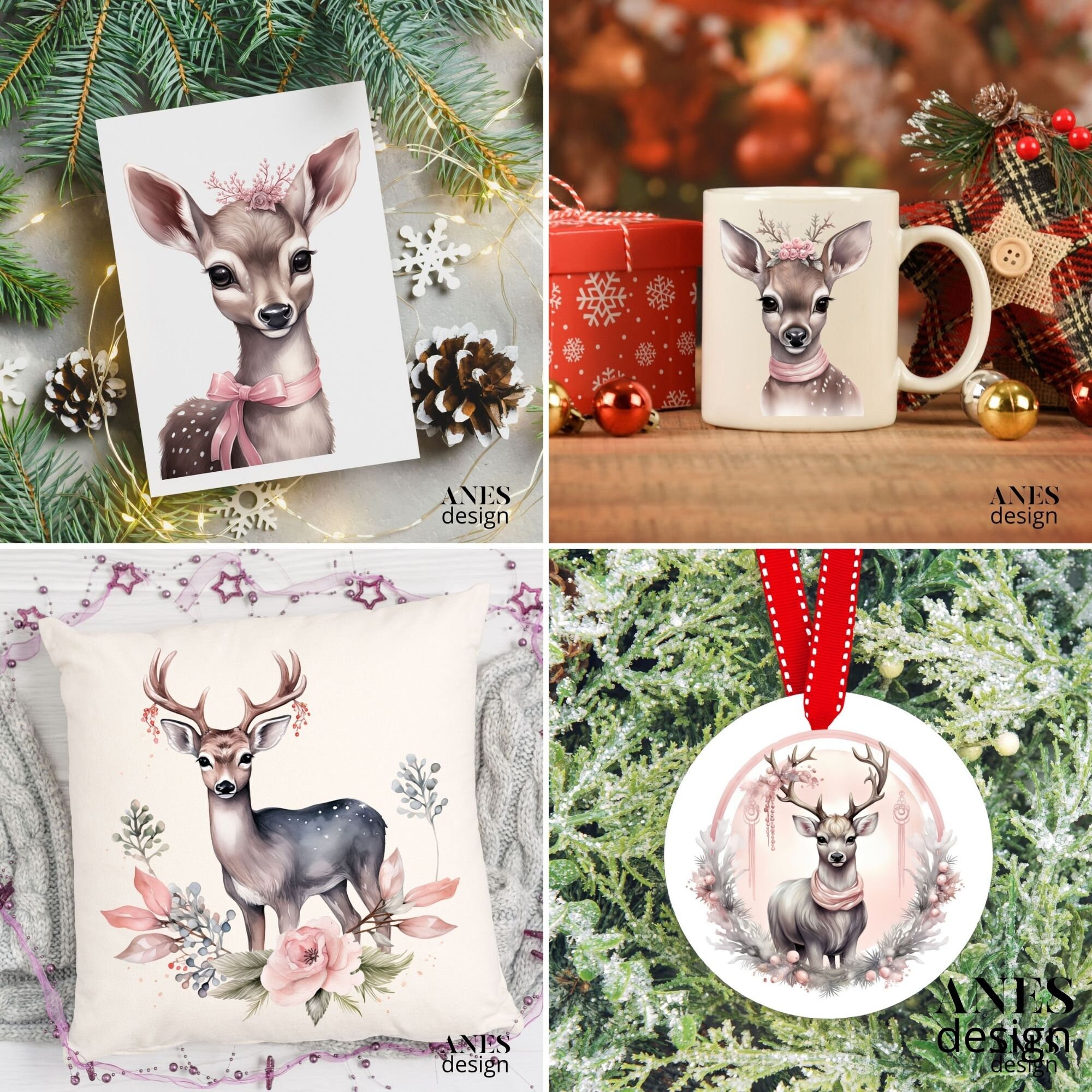 Cute Pink Christmas Reindeer Clipart PNG, Pink Watercolor Christmas ...