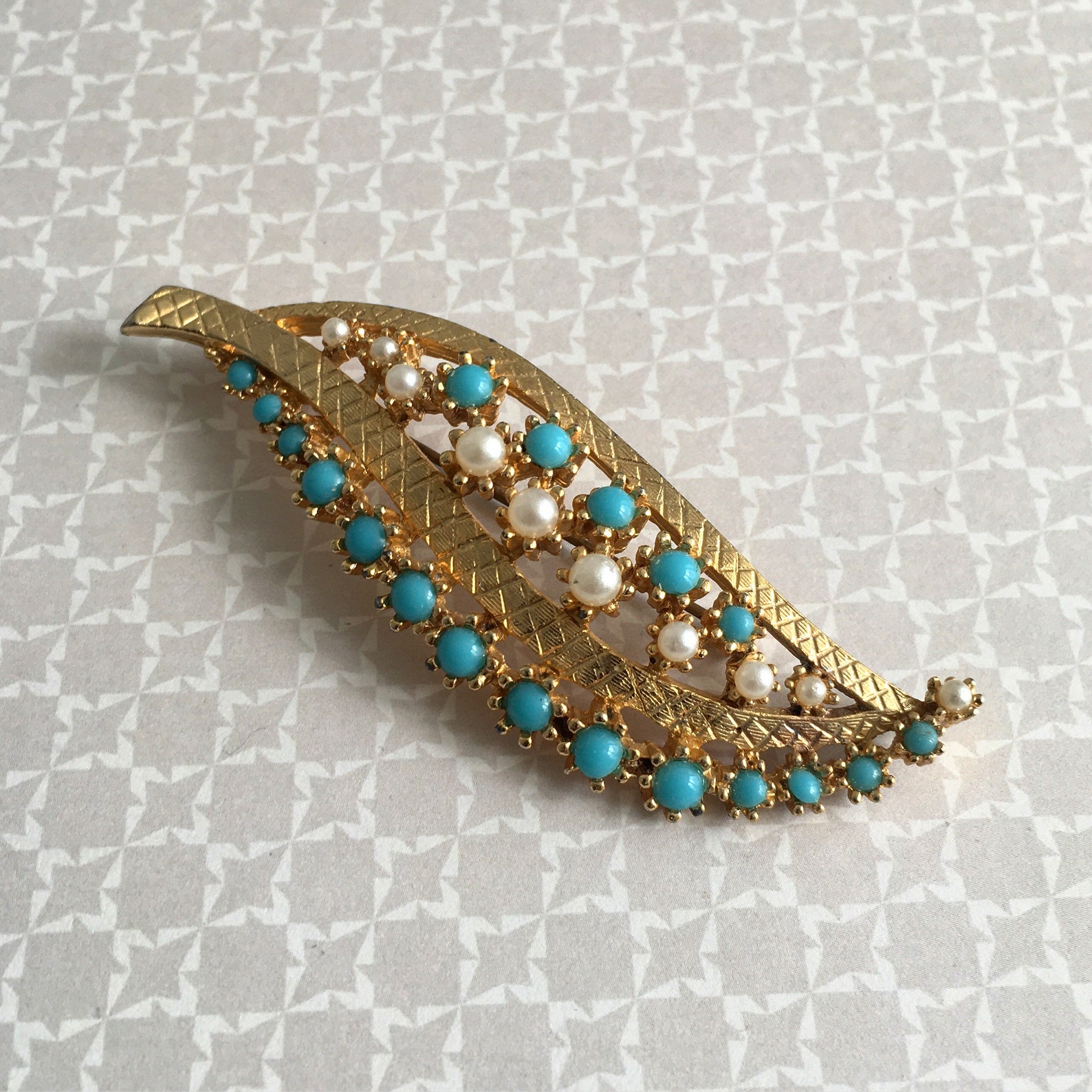 Vintage SPHINX Gold Tone Leaf Brooch With Faux Turquoise & Pearls ...