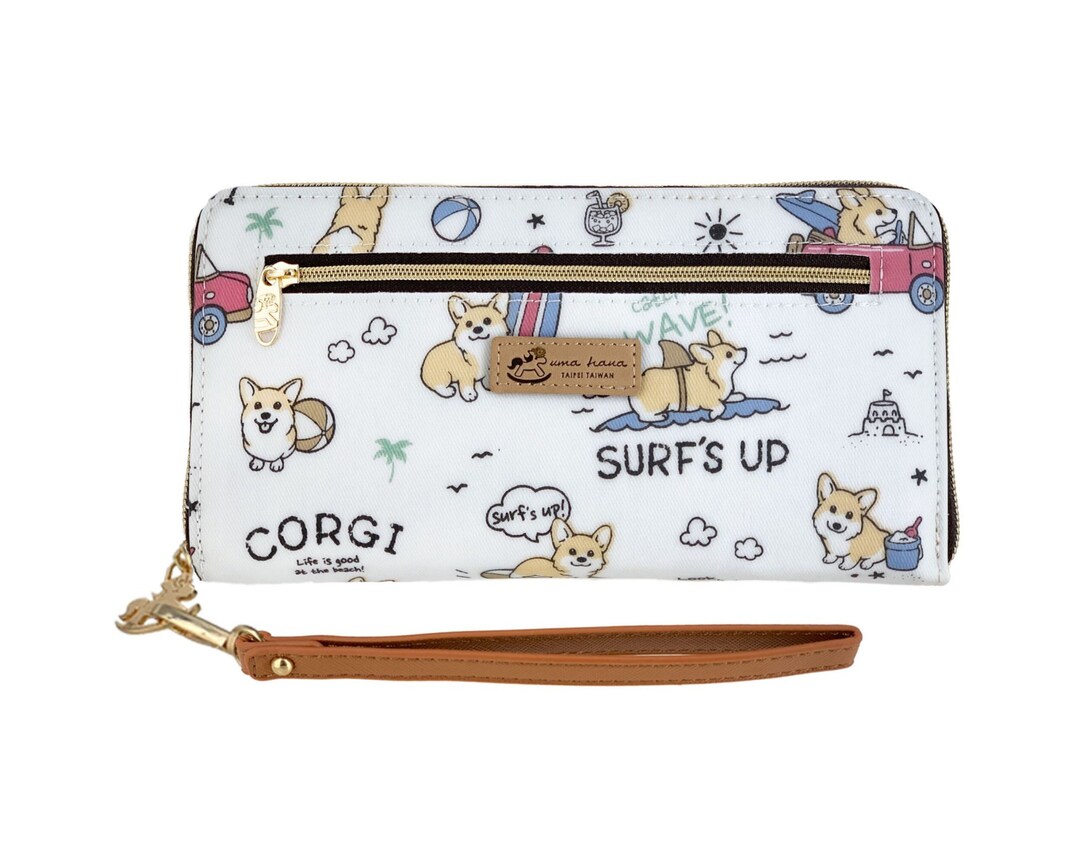 Surfing Beach Corgi Waterproof Zipper Wristlet Long Wallet, Cute Gift ...